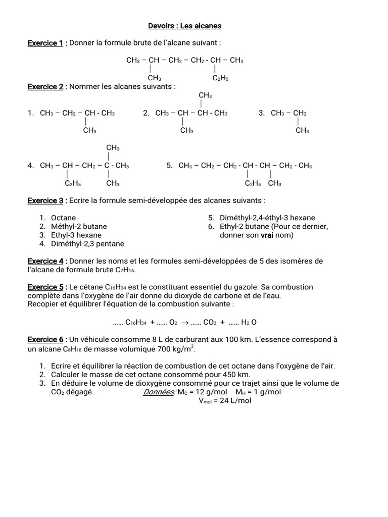 Alcanes : Formules et Combustion | PDF