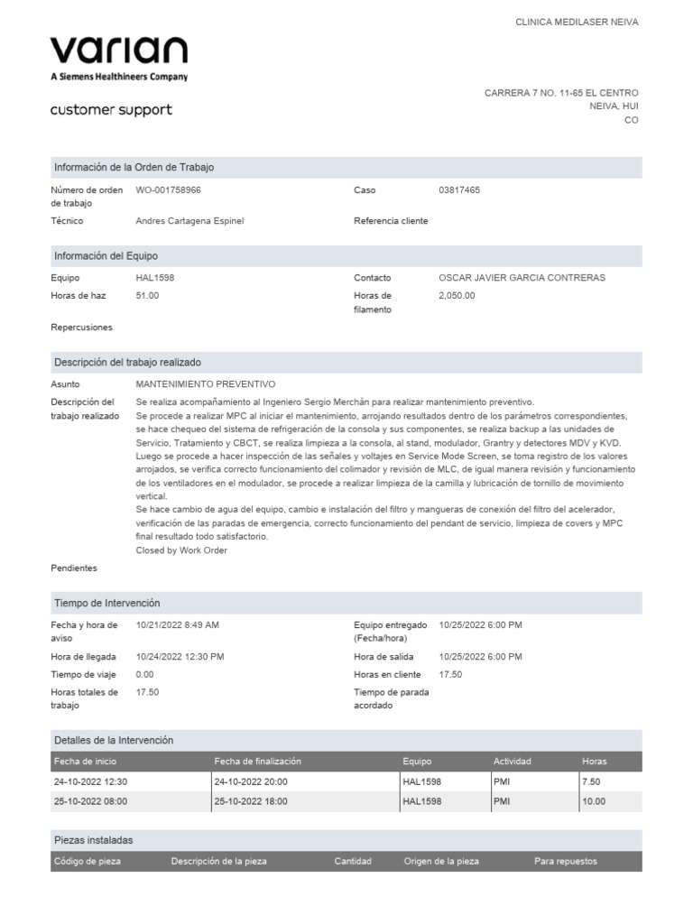 Información de La Orden de Trabajo: Fecha de Inicio Fecha de Finalización Equipo Actividad Horas ...