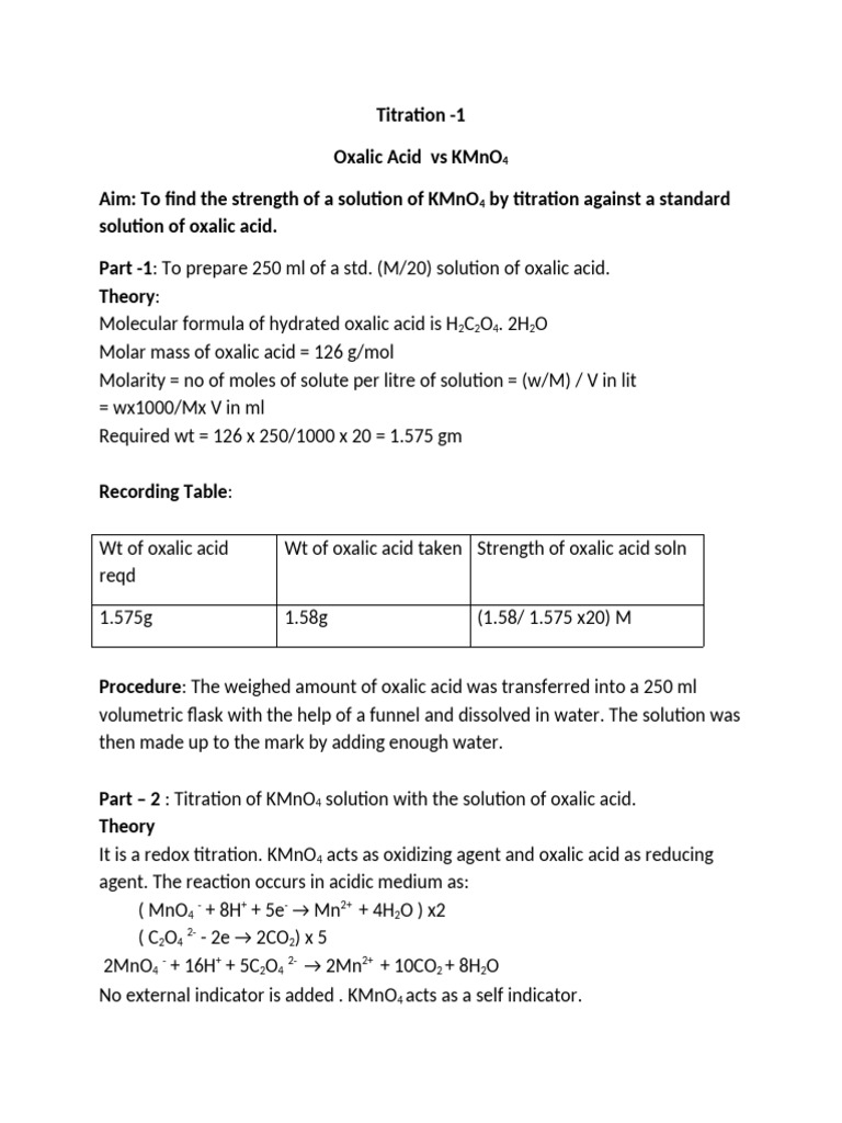 Oxalic Acid Titration | PDF | Titration | Chemistry