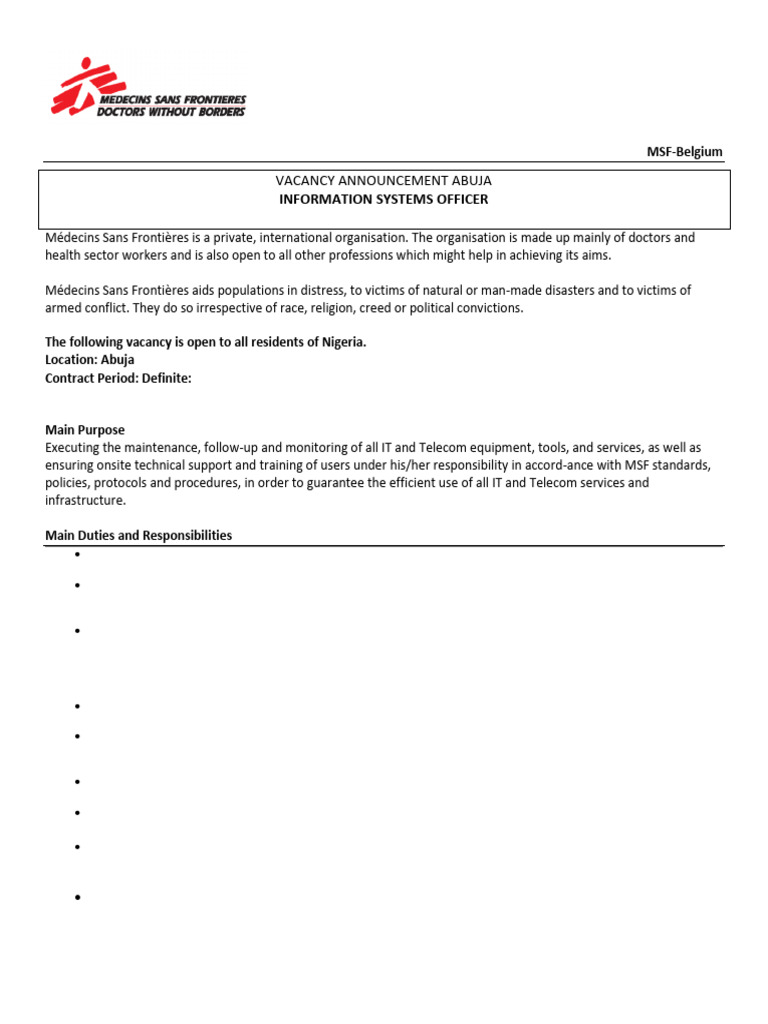Vacancy Notice ICT Officer 27012025 | PDF | Geographic Information System | Médecins Sans Frontières