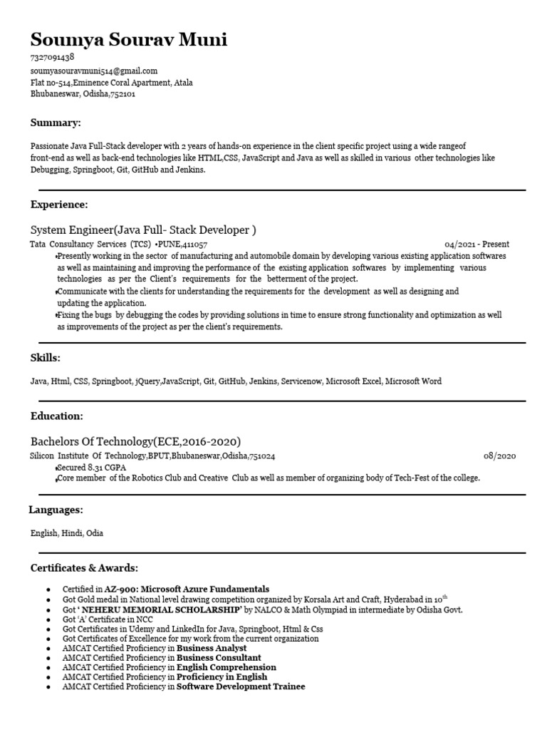 Soumya Sourav Muni - Resume - Java - Fullstack - Developer - 2yrs - Exp | PDF | Java ...