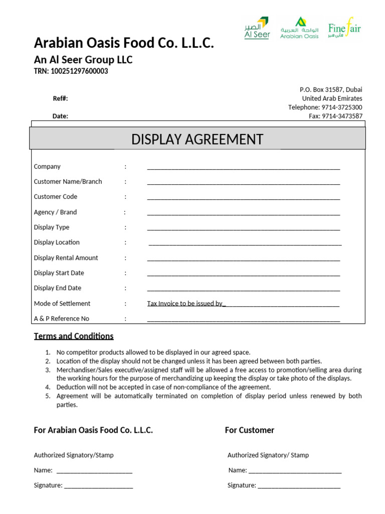Display Agreements Format (Primary - Secondary - Freezer) | PDF | Business