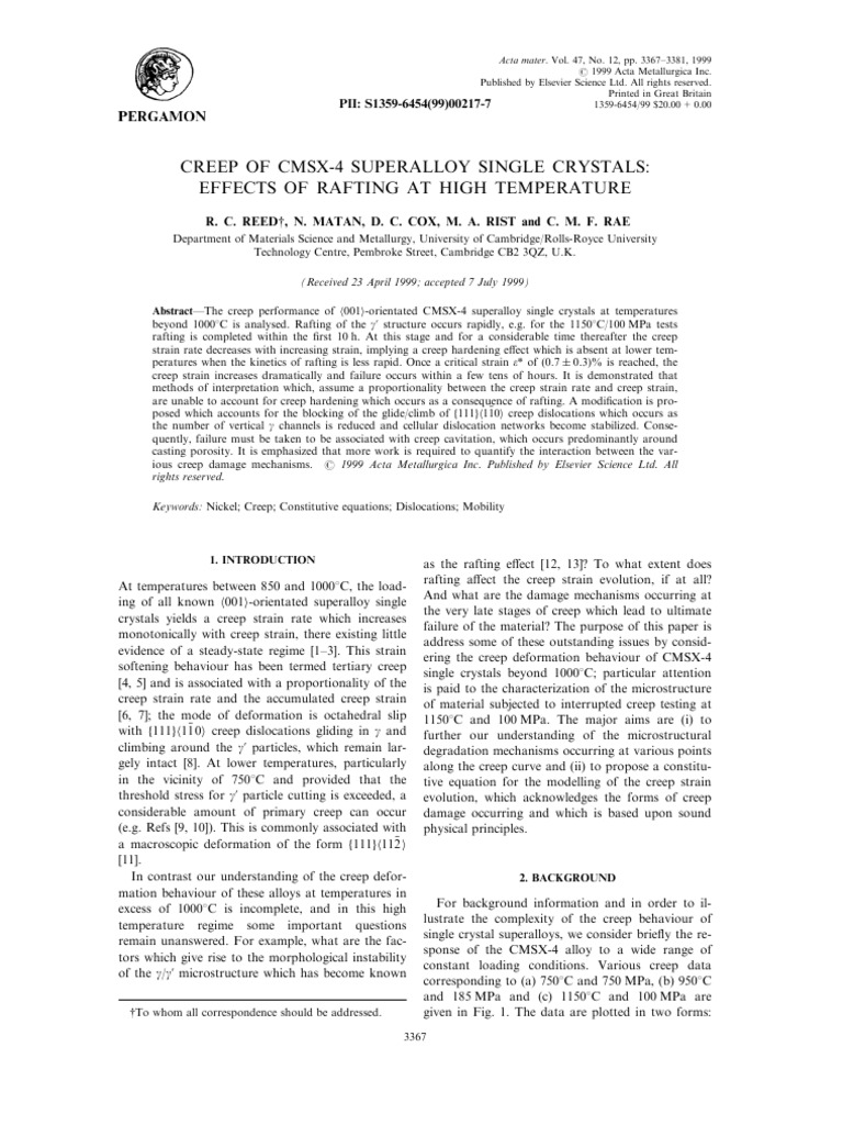 Creep of CMSX-4 Superalloy Single Crystals - Effects of Rafting at High ...