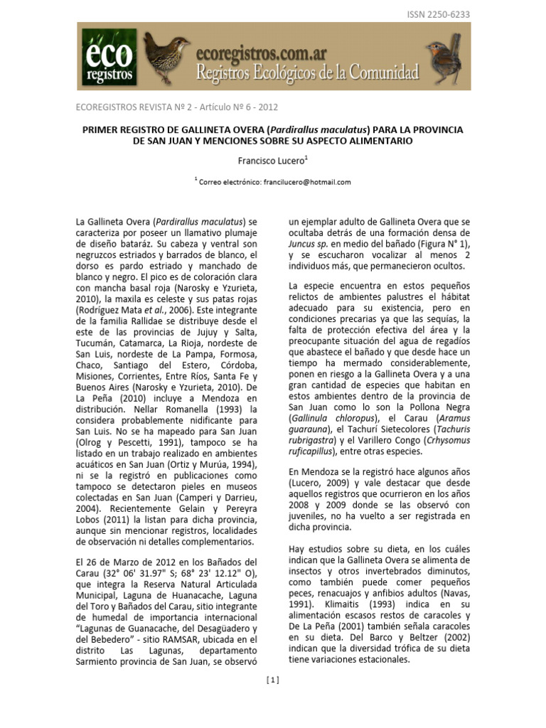 Primer Registro de Gallineta Overa en San Juan | PDF | Aves | Ornitología