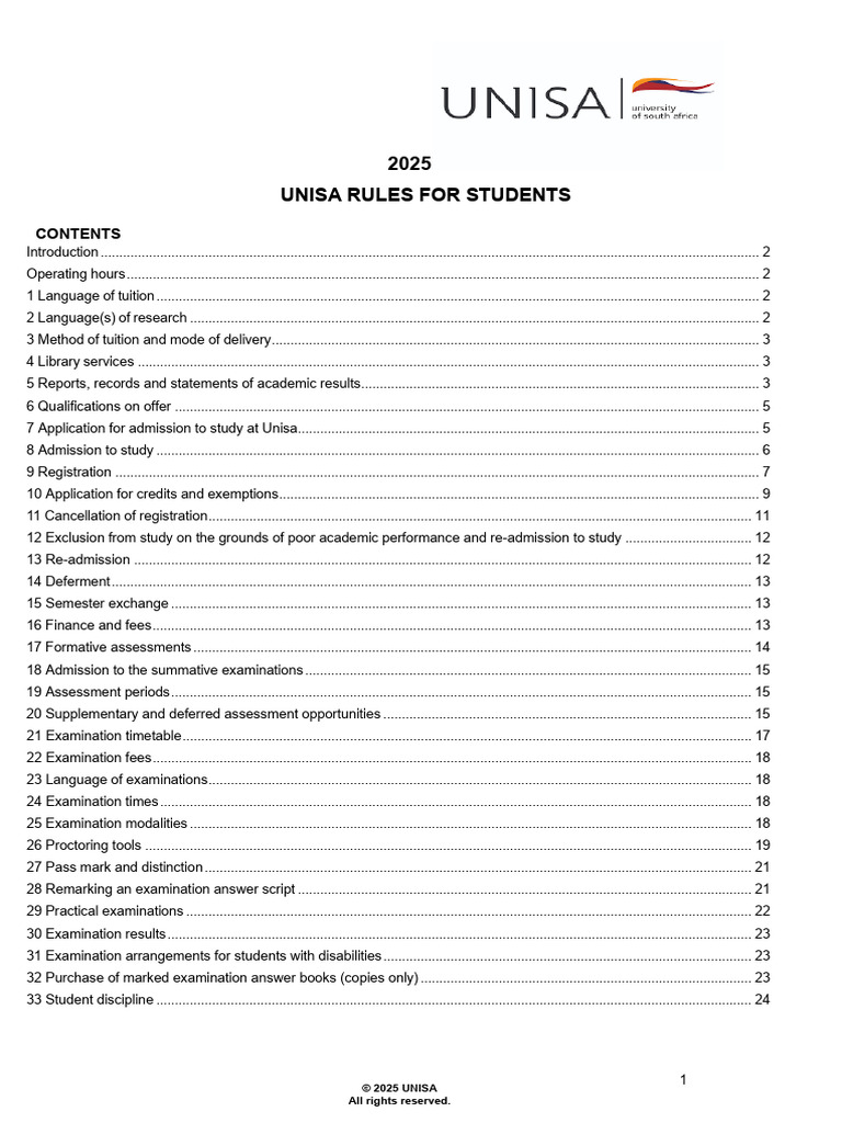 UNISA Student Rules and Regulations 2025 | PDF | Academic Degree ...