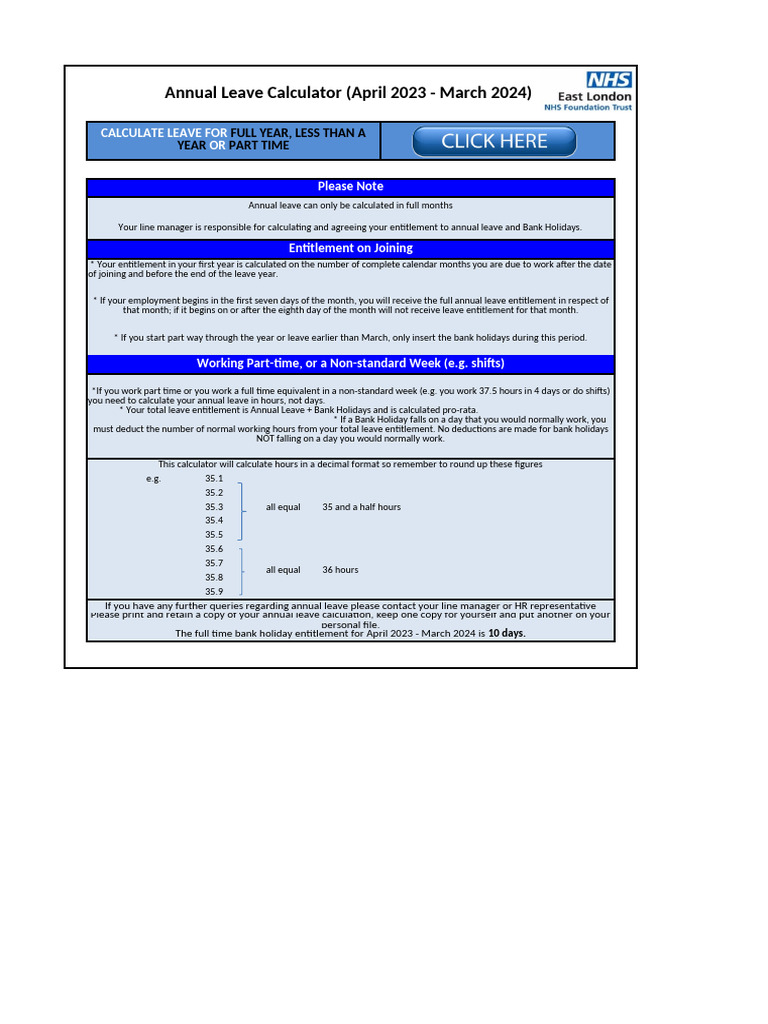 AfC Annual Leave Calculator 2023 - 2024 | PDF | Annual Leave | Holidays
