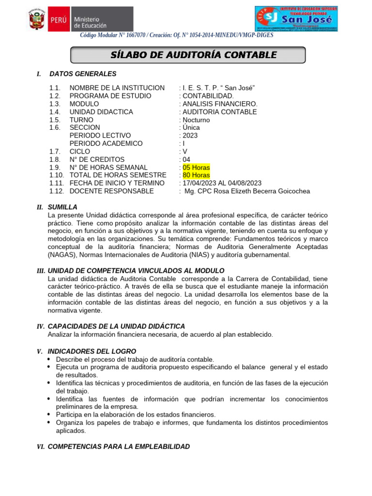 V-AUDITORIA CONTABLE-CONTABILID-Rosa Becerra SILABO 2023 I | PDF | Auditoría | Contabilidad