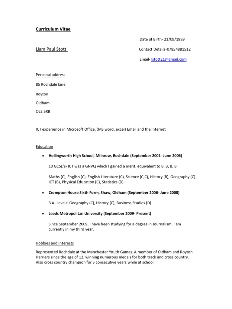 Curriculum Vitae - Liam Stott | PDF
