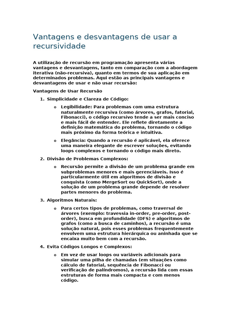Vantagens e Desvantagens da Recursão | PDF | Recursão | Algoritmos