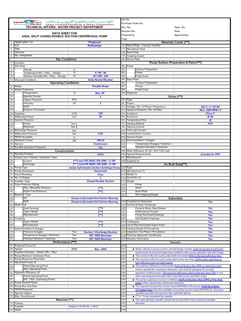 Axial Split Centrifugal Pump Data Sheet | PDF | Pump | Fluid Dynamics