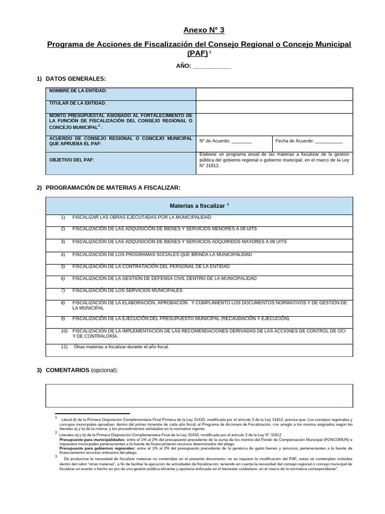 Modelo General Paf - Plan de Acciones de Fiscalizacion 2025 | PDF ...