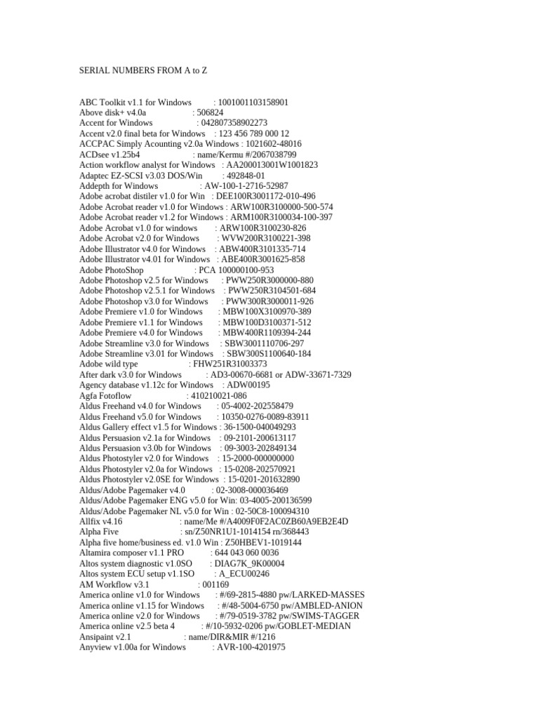 A to Z Serial Numbers List | PDF | Software | Software Companies Of The ...