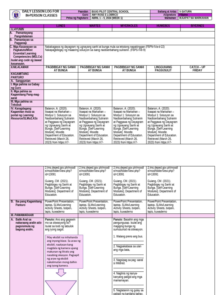 G5 Q4W1 DLL FILIPINO MELCs | PDF