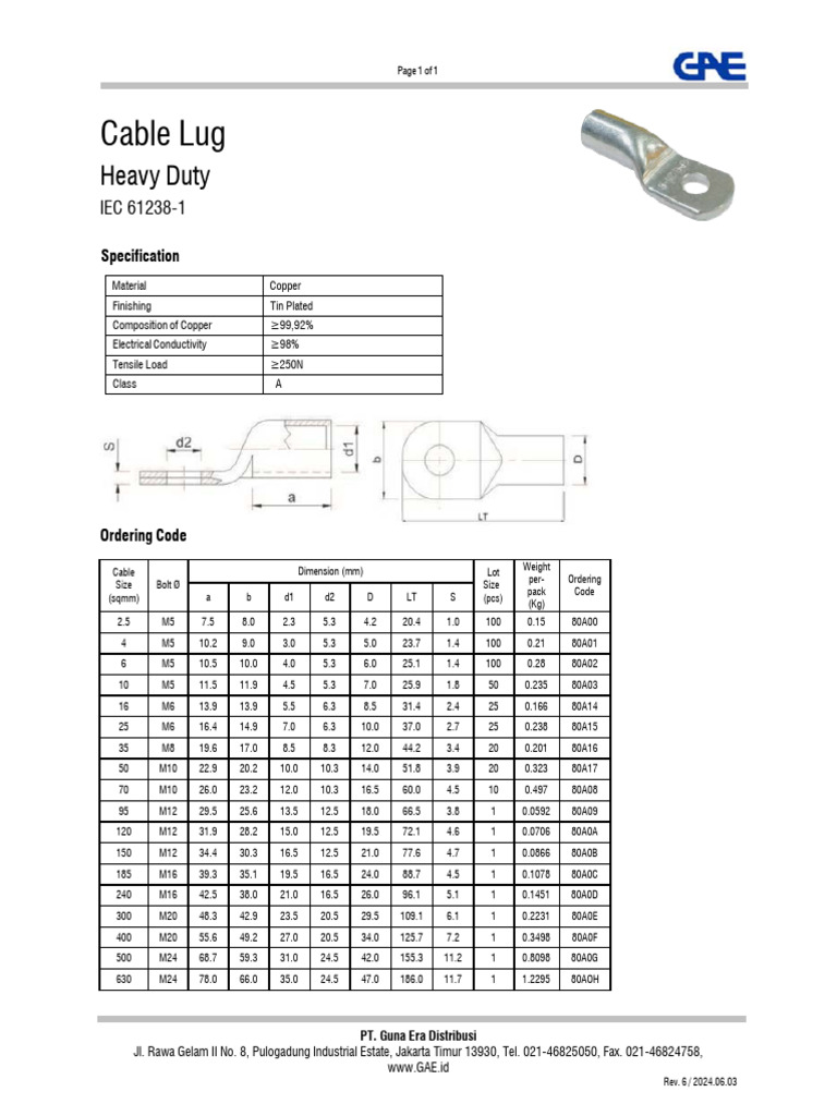Cable Lug Size Chart PDF | PDF