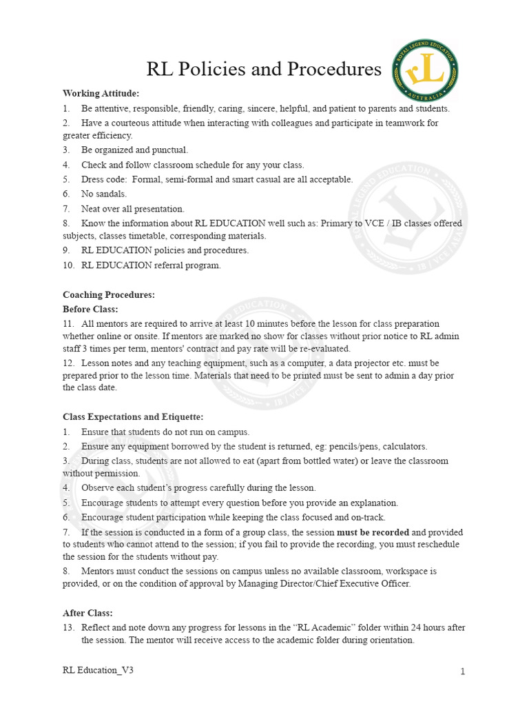 RL Policies and Procedures - Signed by Liv | PDF