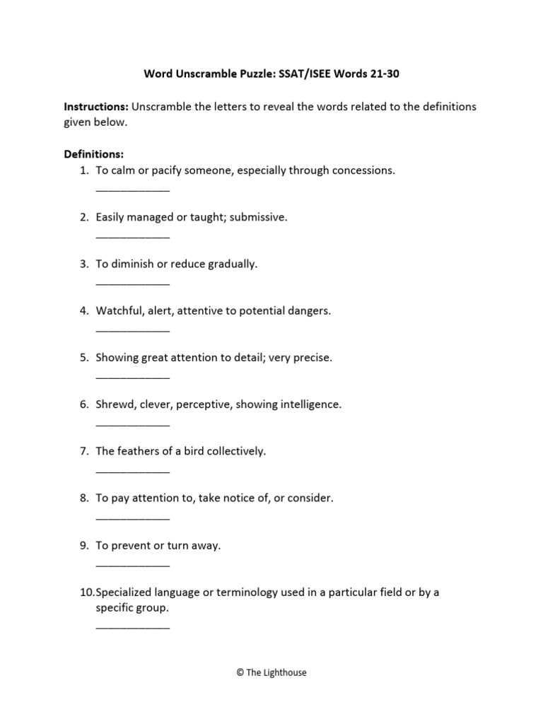 SSAT ISEE Worksheets Forwords 1 To 10 | PDF