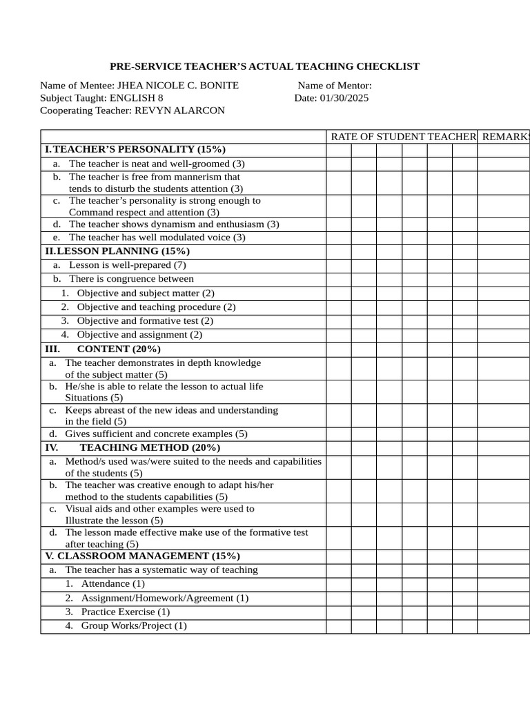 Classroom Observation Checklist | PDF | Teachers | Mentorship