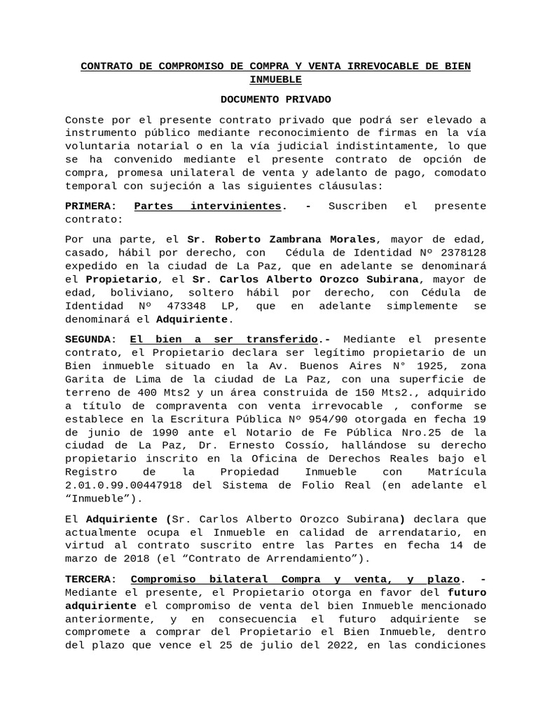 CONTRATO DE COMPROMISO DE COMPRA Y VENTA IRREVOCABLE DE BIEN INMUEBLE | PDF | Propiedad ...