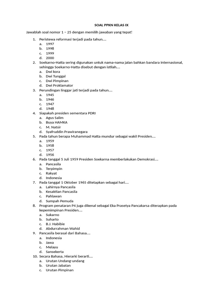 SOAL PPKN KELAS IX SEMESTER 1 | PDF