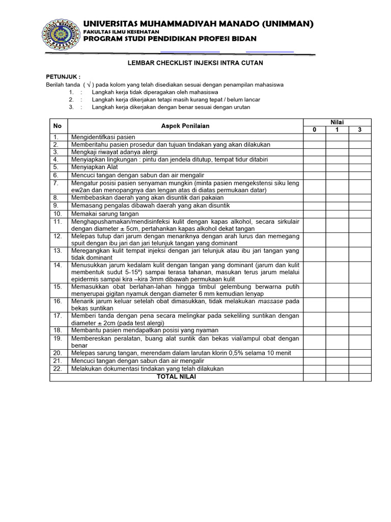 Checklist Prosedur Injeksi Bidan UNIMMAN | PDF