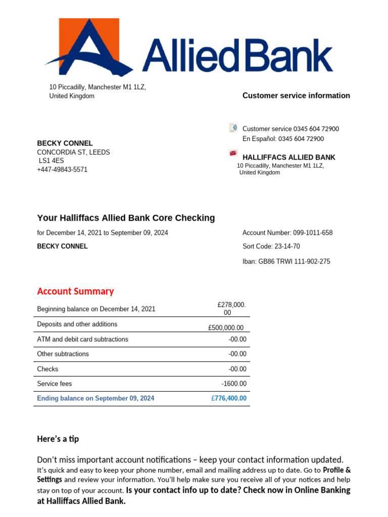 Account Summary: Your Halliffacs Allied Bank Core Checking | PDF