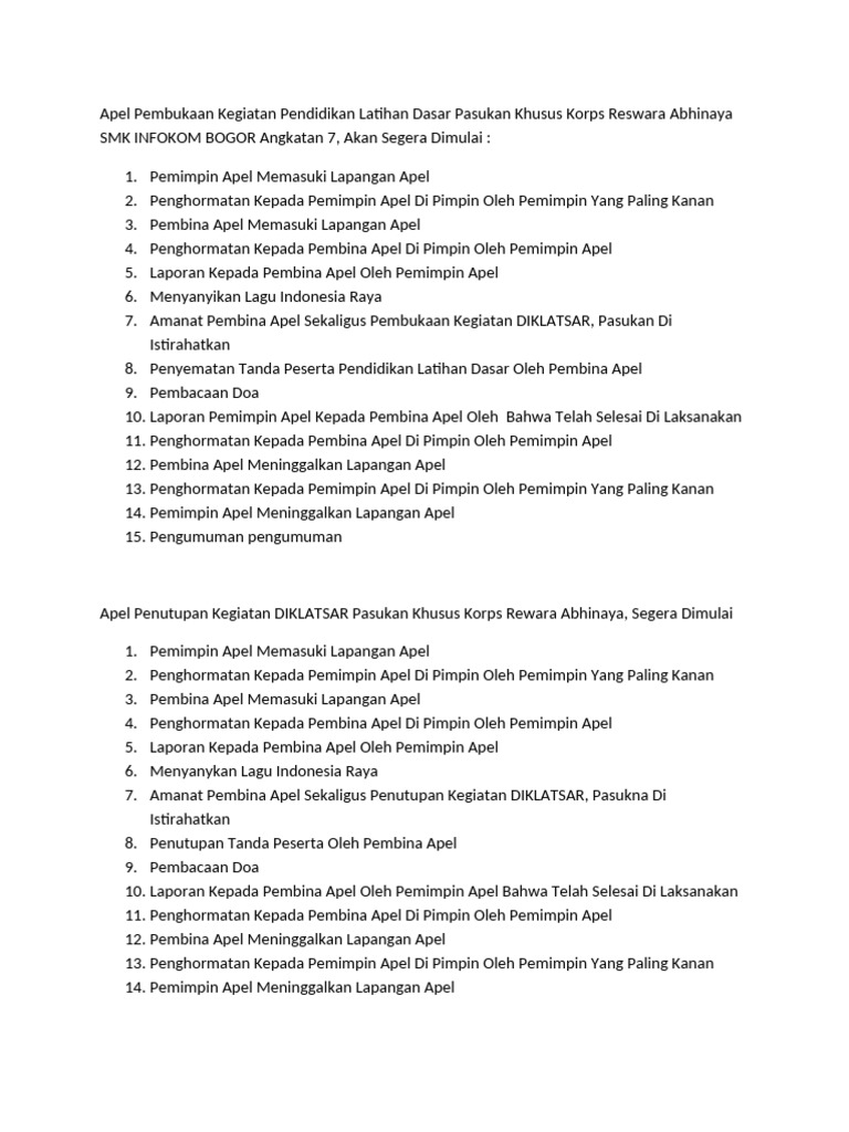 Apel Pembukaan dan Penutupan DIKLATSAR | PDF