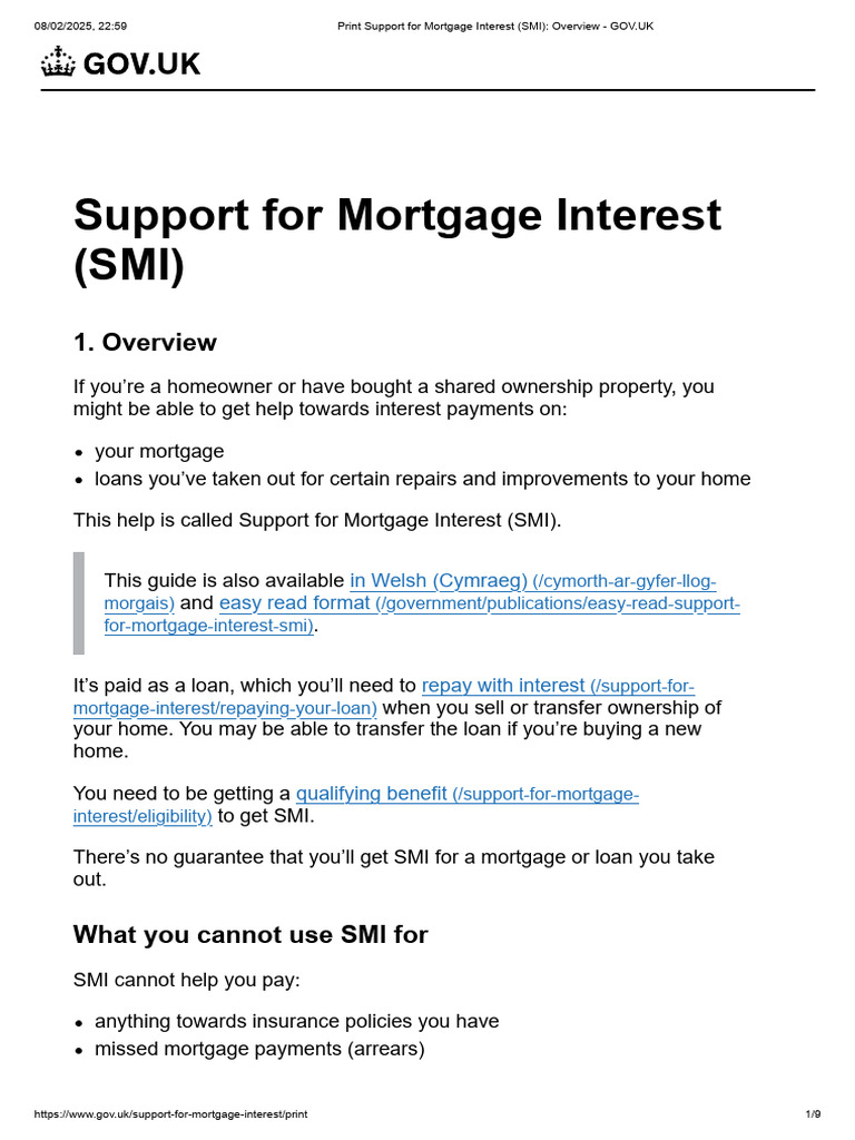 Print Support For Mortgage Interest (SMI) - Overview - GOV - Uk | PDF ...
