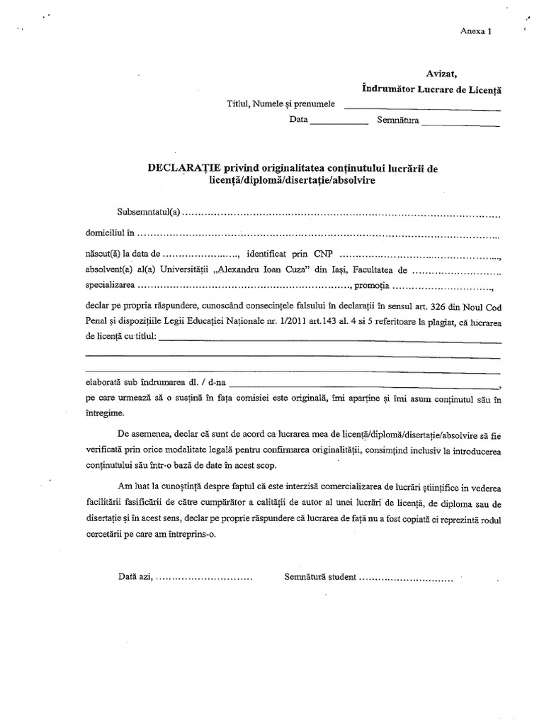 Declaratie Privind Originalitatea | PDF
