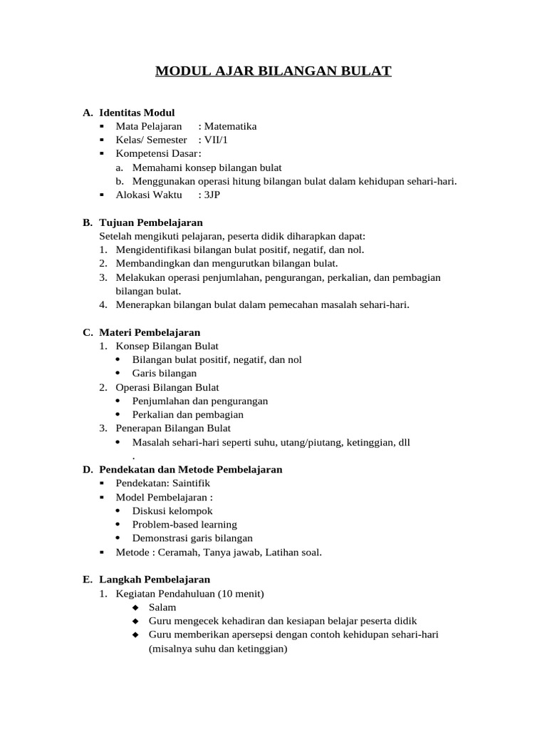 Modul Ajar Bilangan Bulat | PDF