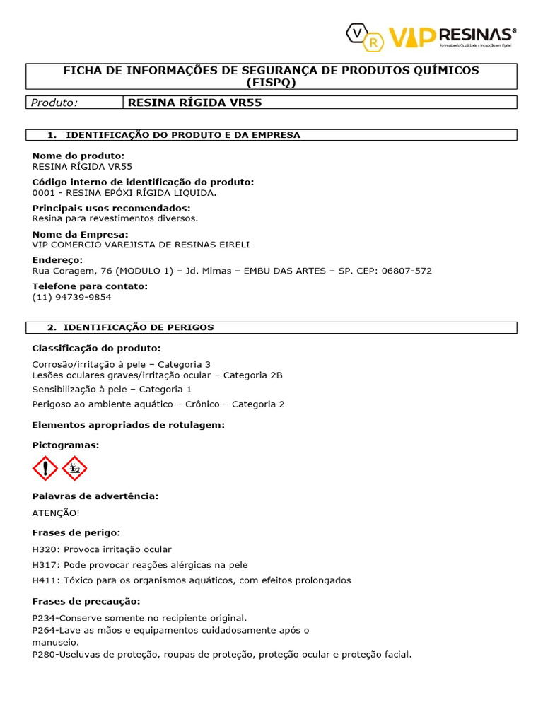 FISPQ FDS RESINA RÍGIDA VR55 | PDF | Incêndios | Epóxi