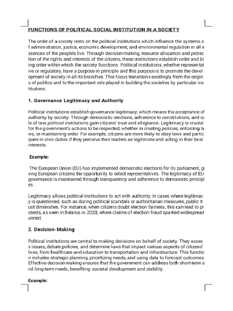 FUNCTIONS OF POLITICAL SOCIAL INSTITUTION IN A SOCIETY-1 - Phoenix | PDF