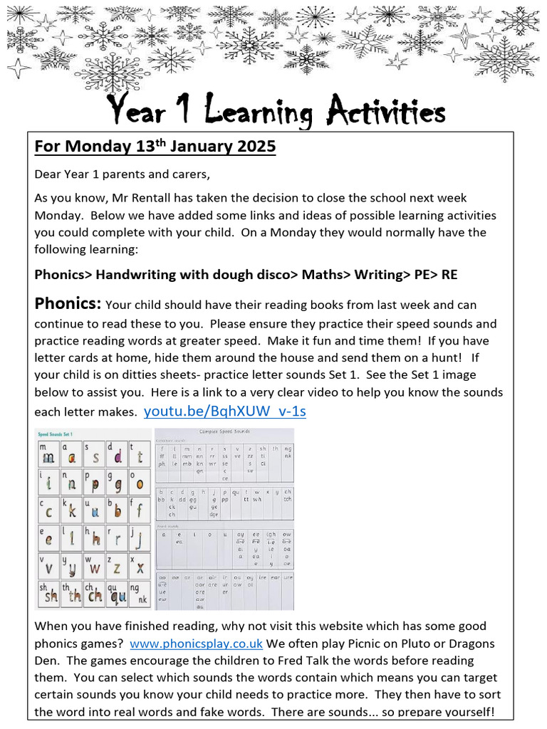 Year 1 Activities Monday 13 January | PDF | Phonics