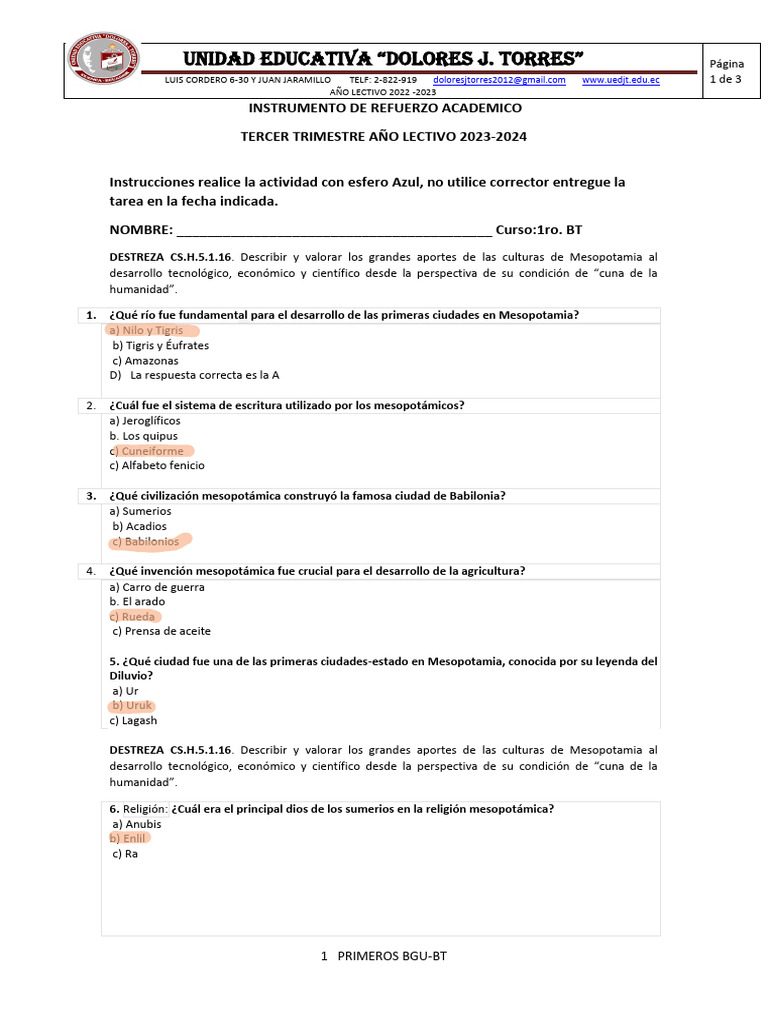 REFUERZO ACADEMICO HISTORIA 1ro - BT | PDF | Antiguo Egipto | Mesopotamia