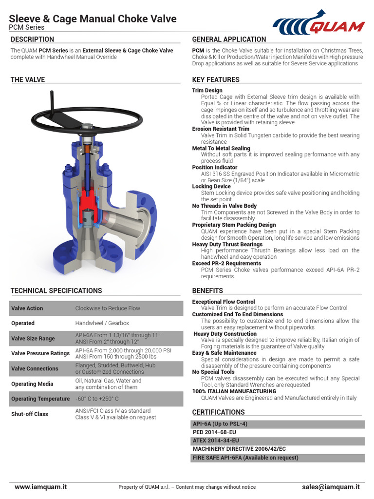 QUAM PCM Series Choke Valve Features | PDF | Valve | Bearing (Mechanical)
