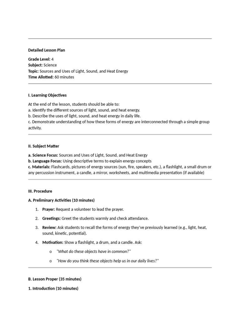 Detailed Lesson Plan Uses of Light, Heat, and Sound Energy | PDF ...