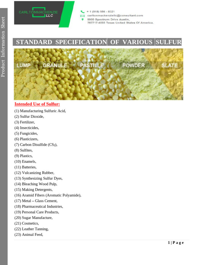 Sulfur Specifications and Applications Guide | PDF | Sulfur | Sulfuric Acid