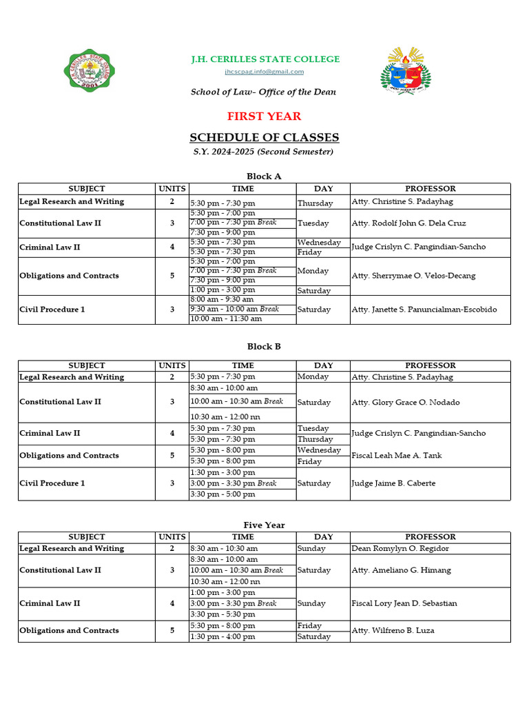 J.H. Cerilles Law School Class Schedule | PDF | Public Law | Government