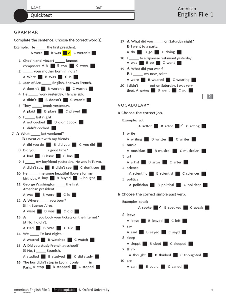 AEF - 1 - Quicktest - 5 - 1 Word | PDF | English Language | Linguistics