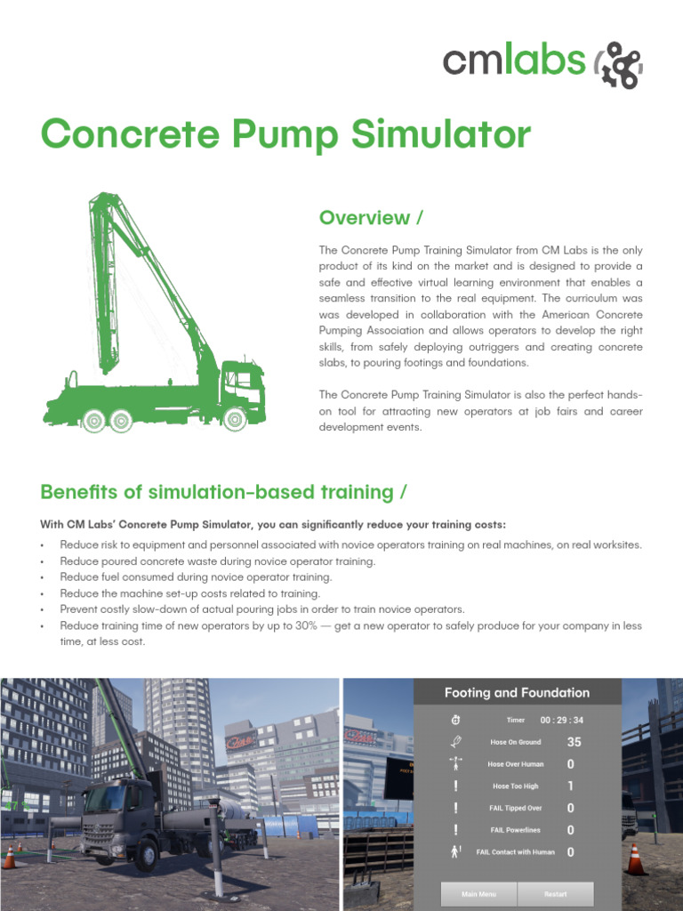 Concrete Pump Simulator Datasheet | PDF | Simulation | Virtual Reality