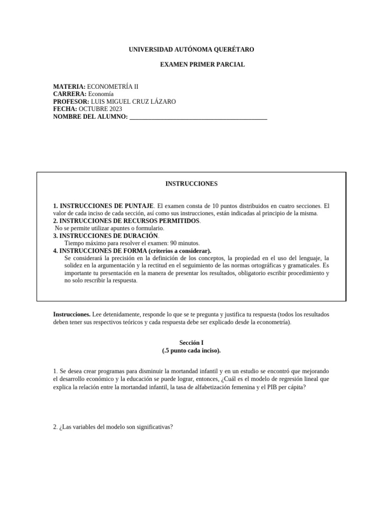 Examen de Econometría II | PDF | Econometría