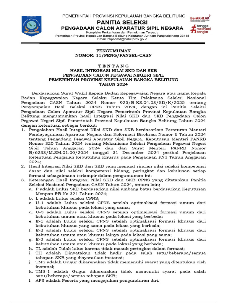 Pengumuman Hasil Integrasi Nilai SKD Dan SKB CPNS Tahun 2024 | PDF
