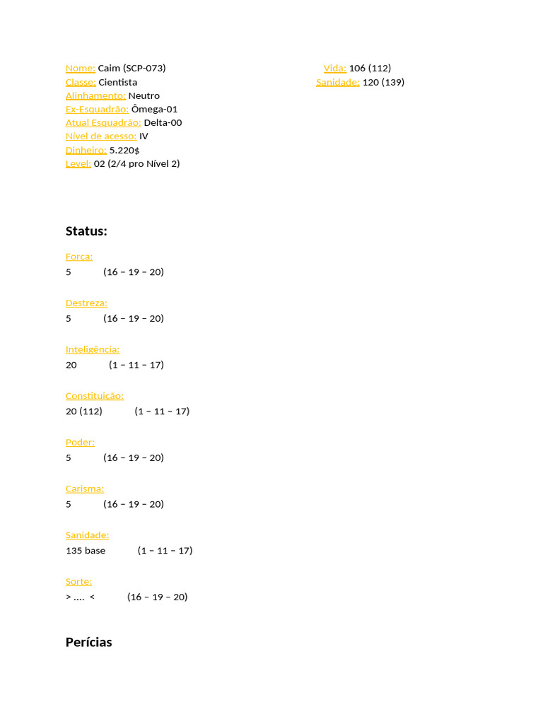 Ficha Caim arquivo de personagem scp homebrew | PDF