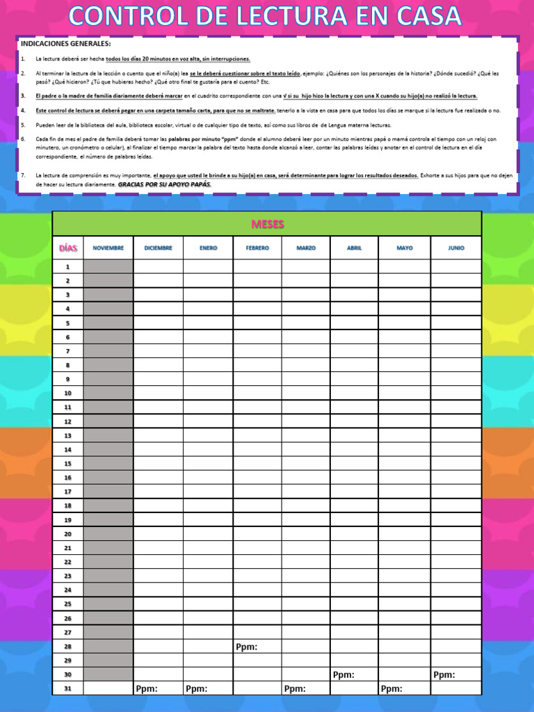 Control de Lectura Diaria para Niños | PDF