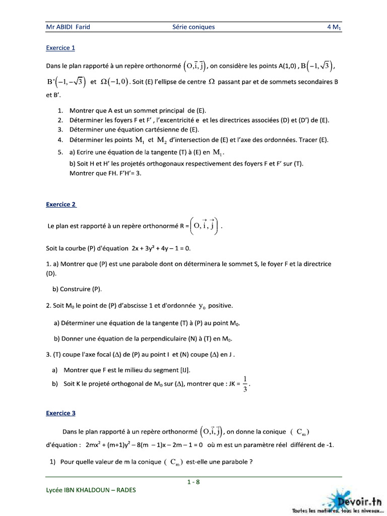 Coniques (MR Abidi Farid) | PDF