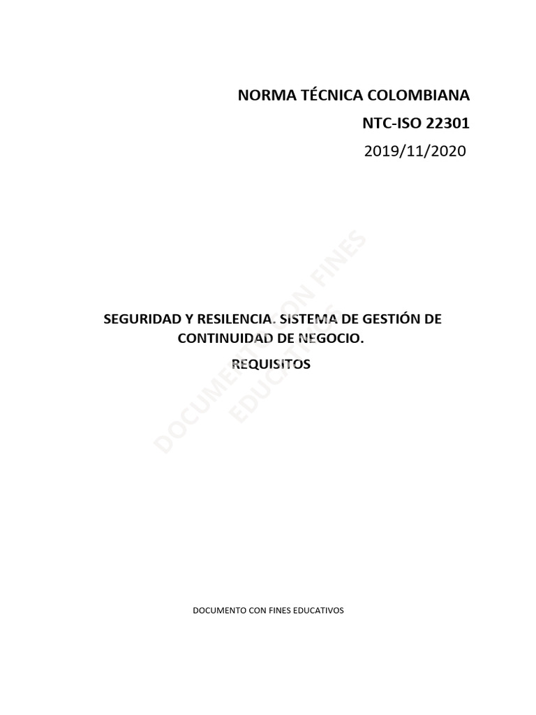 NTC-ISO 22301: Gestión de Continuidad | PDF