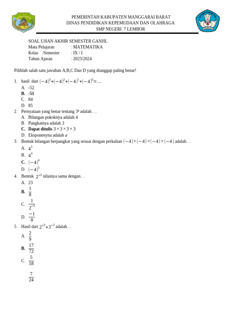 Soal Pas 9 Matematika 2023 | PDF