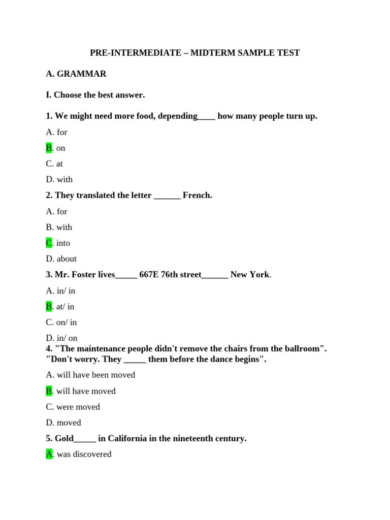 Pre-Intermediate - Sample Midterm Test - Thảo Phương | PDF | Divorce ...