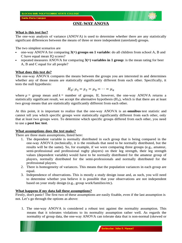 7 One Way ANOVA | PDF | Analysis Of Variance | Student's T Test