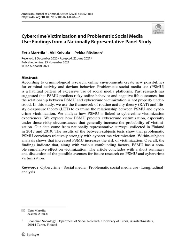 cybercrime-victimization-and-problematic-social-media-use-tlkkdotzth | PDF | Victimisation | Crimes