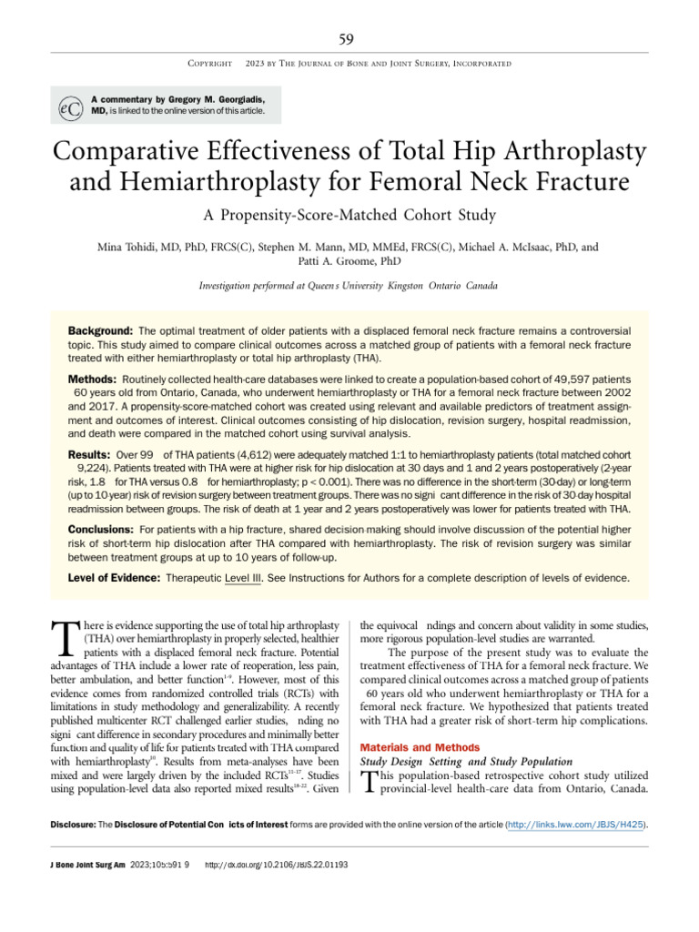 Comparative Effectiveness of Total Hip Arthroplasty and ...